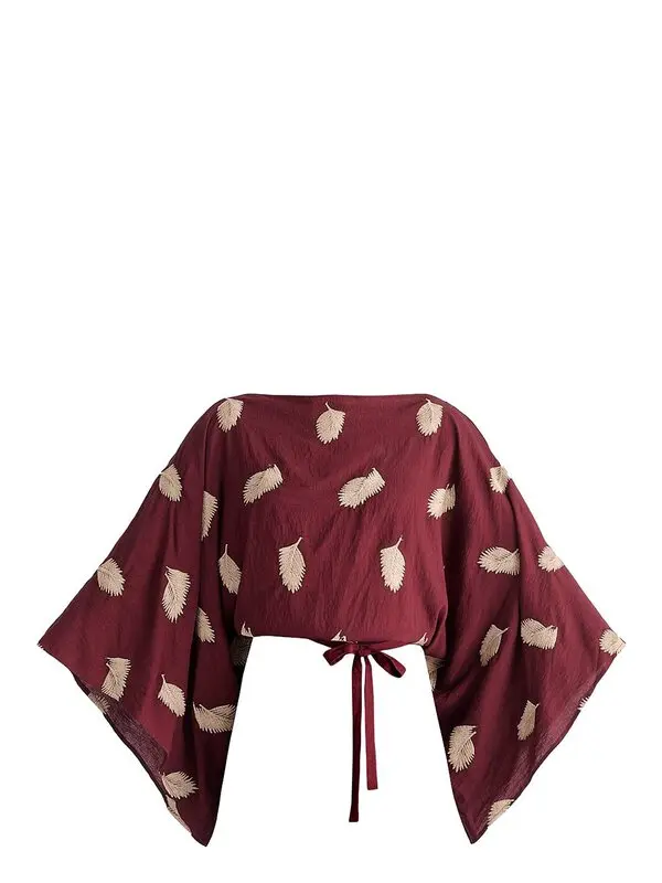 PAISIE Leaf Embroide Kimono Sleeves Top In Burgundy - Red