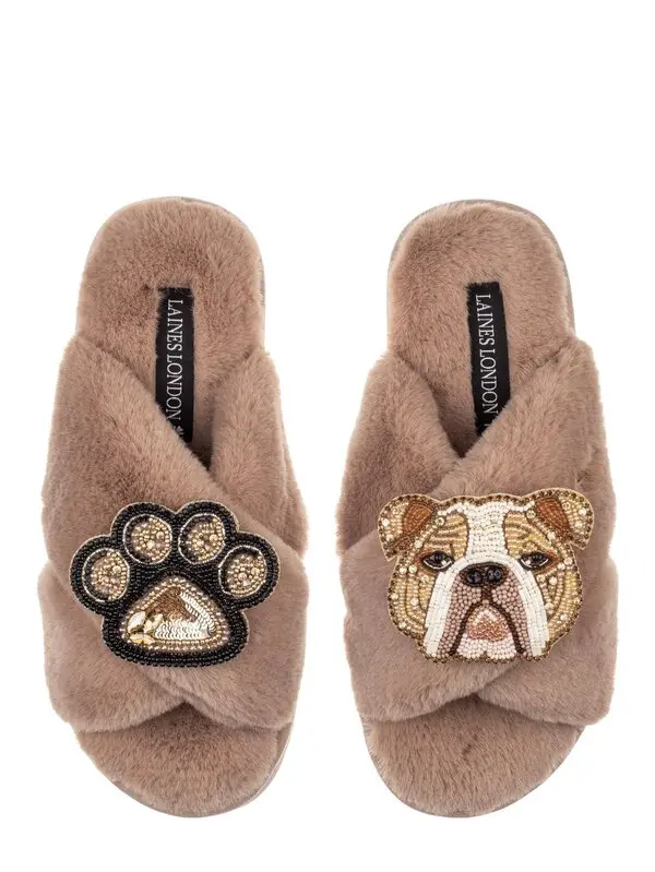 LAINES LONDON Classic Laines Slippers With Mr Beefy The Bulldog & Paw Brooches Toffee - Brown