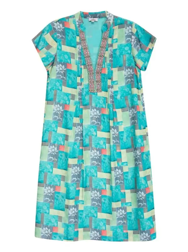 NIZA Geometric Print V-neck Dress - Blue