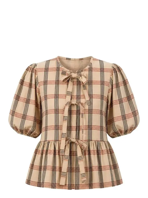 CHARKHA & LOOM Neutrals Venus Gingham Peplum Tie Top - Beige/black/red