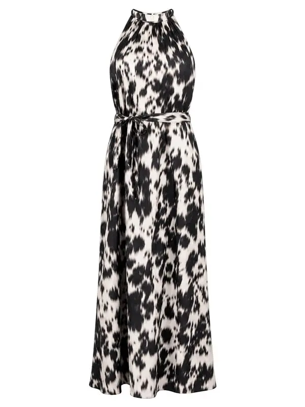 OH!ZUZA NIGHT&DAY Neutrals Echo Satin Viscose Rayon Maxi Dress With Belt Print - Black