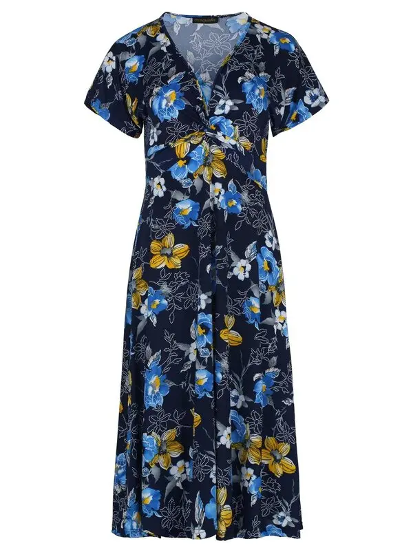 CONQUISTA Print Navy Knot Detail Midi Dress - Blue