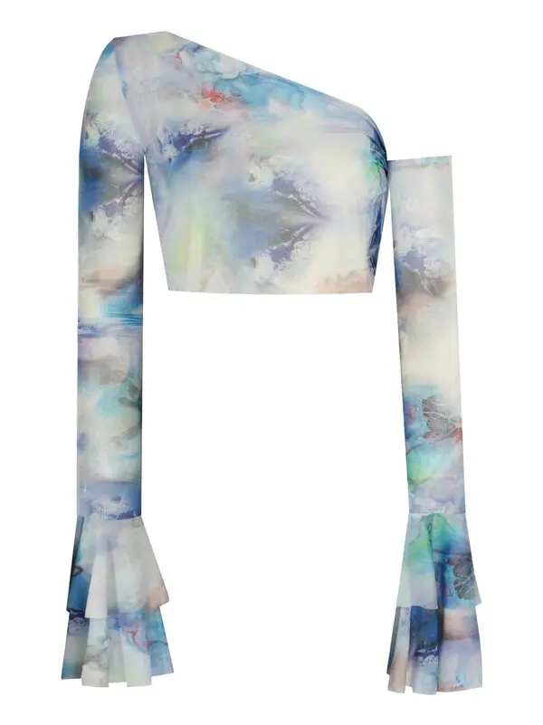 NO'DESIGN Sheer Crop Top With Ruffled Sleeves - Blue