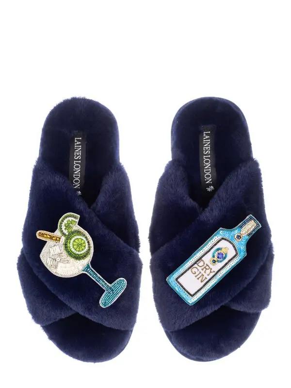 LAINES LONDON Classic Laines Slippers With Sapphire Gin & Glass Brooches Navy - Blue