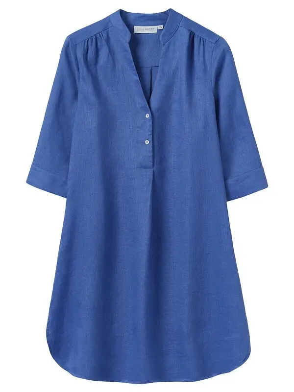 PINK HOUSE Linen Decima Dress With Hemmed Cuff Plain Dazzling - Blue
