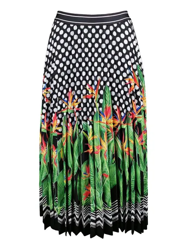 LALIPOP DESIGN Polka Dot & Palm Tree Print Pleated Skirt - Black