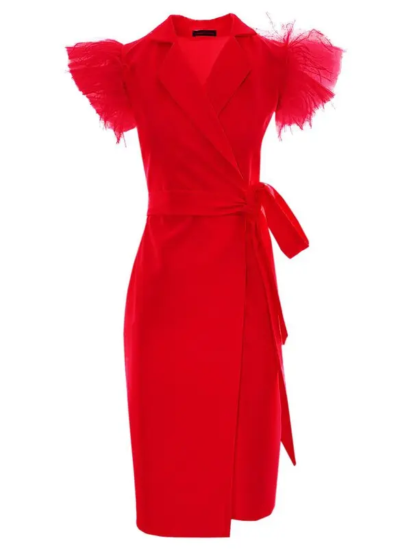 CONCEPT A TROIS Short Wrap Blazer Dress With Winged Tulle Sleeves - Red