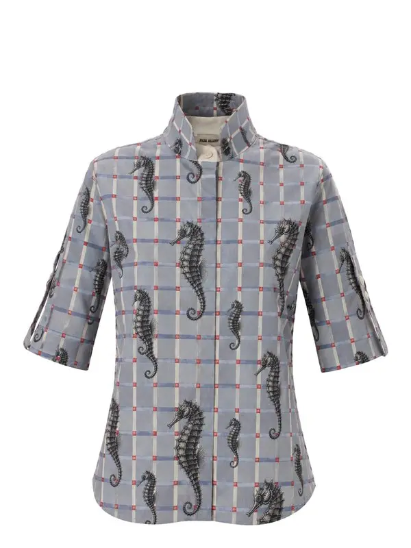 JULIA ALLERT Stand Collar Short Sleeve Blouse Pale Seahorse Check Print - Blue