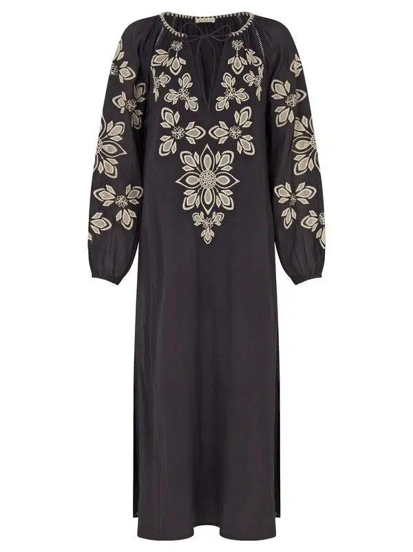 RAFFYA Aurelia Kaftan Style Embroidered Maxi Dress - Black