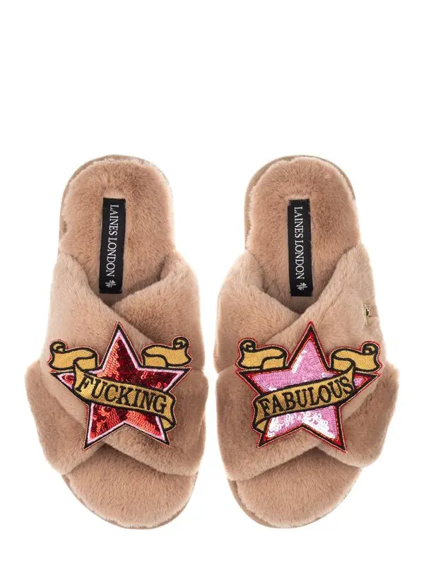 LAINES LONDON Neutrals Classic Laines Slippers With Red & Pink Fucking Fabulous Brooches Toffee - Brown