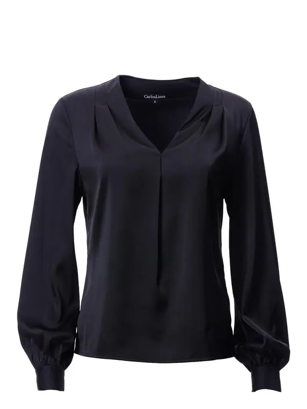 CARLOSLINES V-neck Pleat Detail Balloon Long Sleeve Blouse - Black