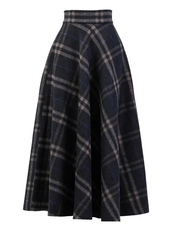 NIKKA PLACE Wool Tartan Floor Length Skirt With High Waist And Pockets In Plaid Colour - Brown