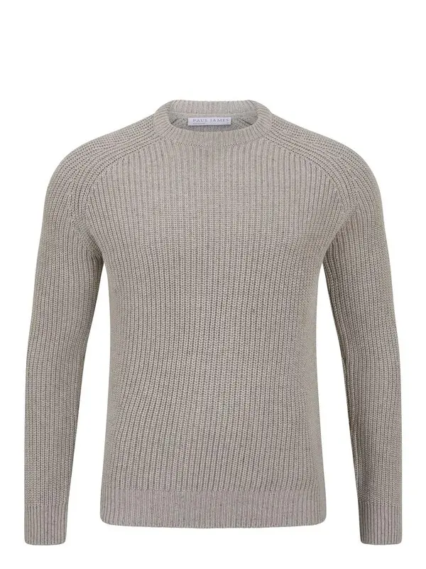 PAUL JAMES KNITWEAR Heavyweight Cotton Clark Fisherman Rib Knit Jumper Grey Nepp - Gray