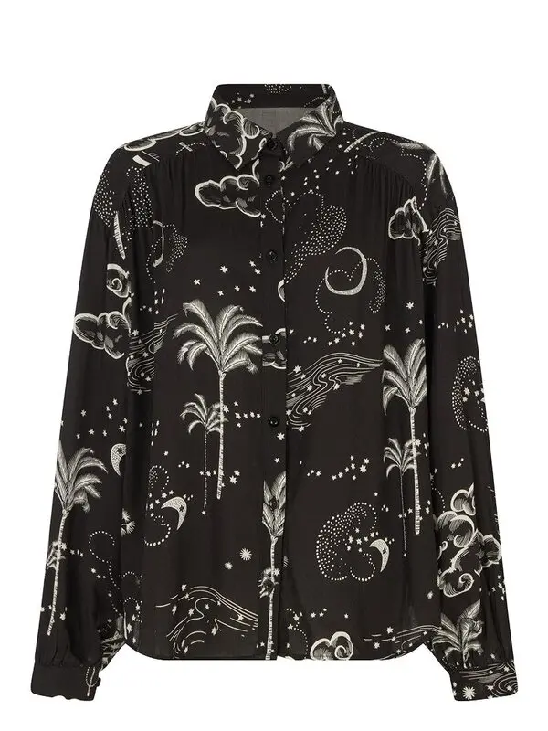 RAFFYA Palm Button Down Palm Print Shirt - Black
