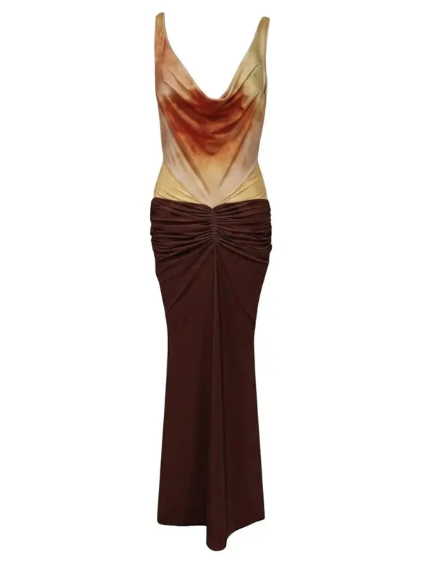 NALÈ Cowl Neck Sunset Ombre Ruched Dress - Brown