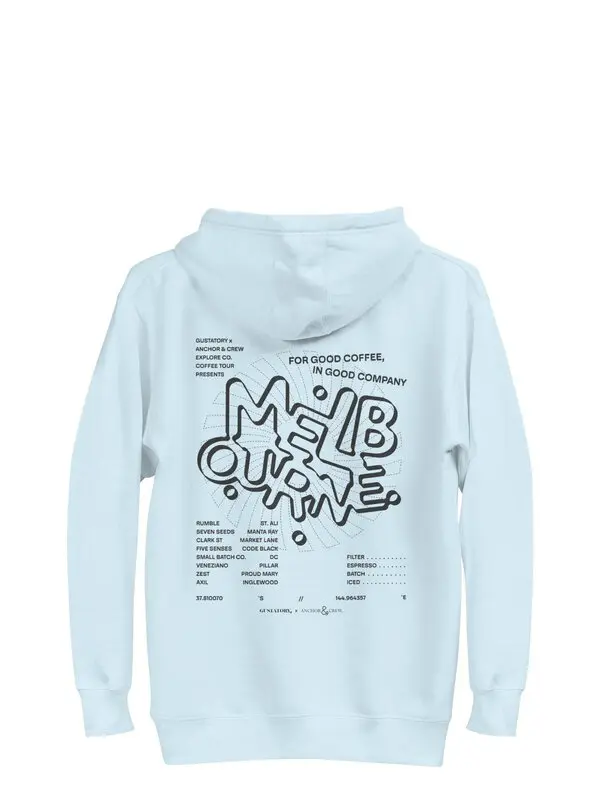 ANCHOR & CREW Sky Gustatory Melbourne Coffee Scene Cotton Blend Embroidered Hoodie - Blue