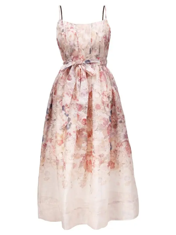 SMART AND JOY Neutrals / Flower Print Organza Strappy Dress Multicolor - White