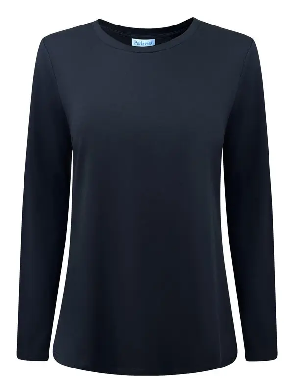 PERLAVERA Tanya Solid Cotton Spandex Long Sleeve Length Crew Neck T-shirt - Black