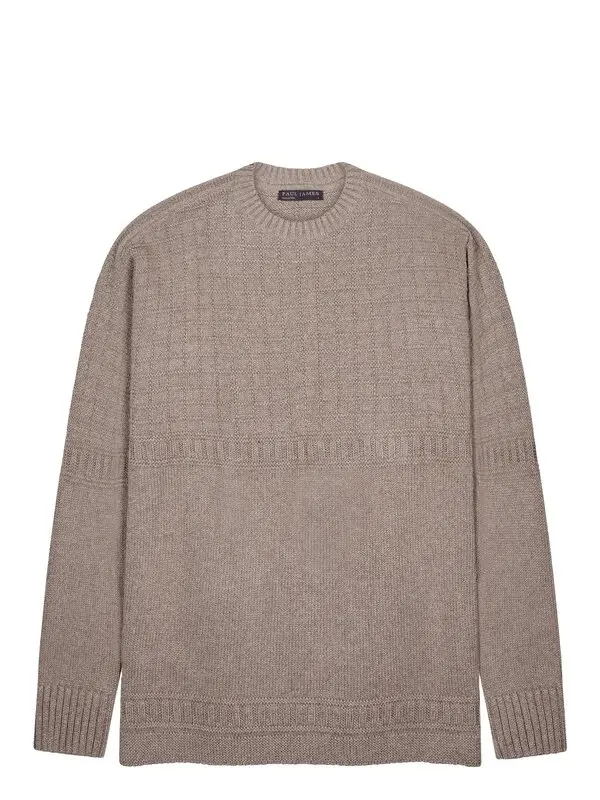 PAUL JAMES KNITWEAR Midweight Cotton Sennen Grid Knit Gansey Jumper Jaspe - Brown