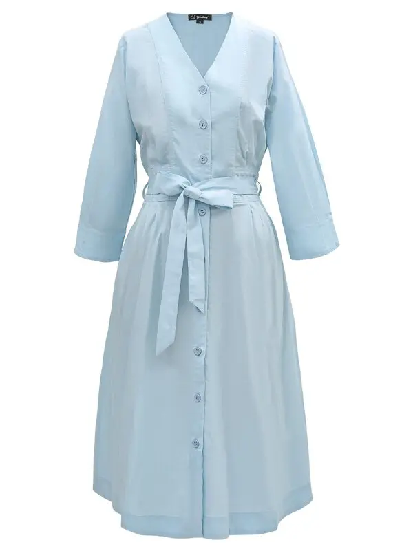SMART AND JOY Minimalist Cotton Shirt Dress With Knotted Belt Light - Blue