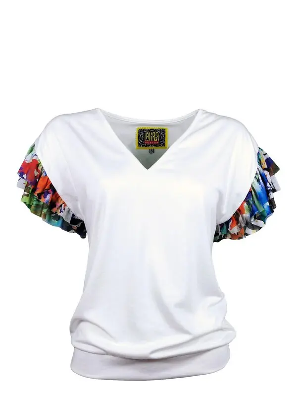 LALIPOP DESIGN V-neck Viscose Blouse With Tulle Ruffle Sleeves - White