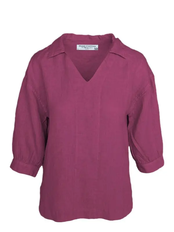 Haris Cotton Linen V-neck Blouse With Collar And Three Quarters Sleeves Tulip - Purple