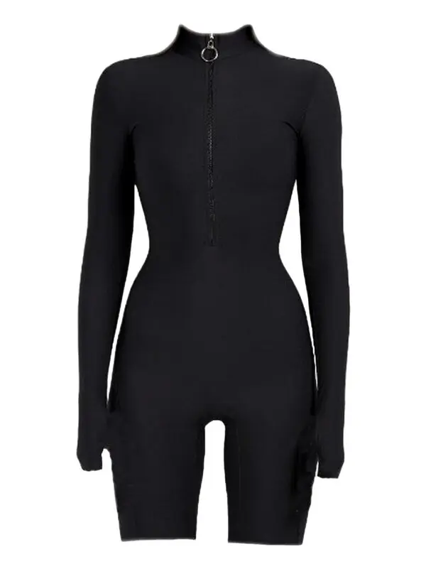 MONOSUIT Long Sleeve High Neck Zip Up Shorts Bodysuit - Black
