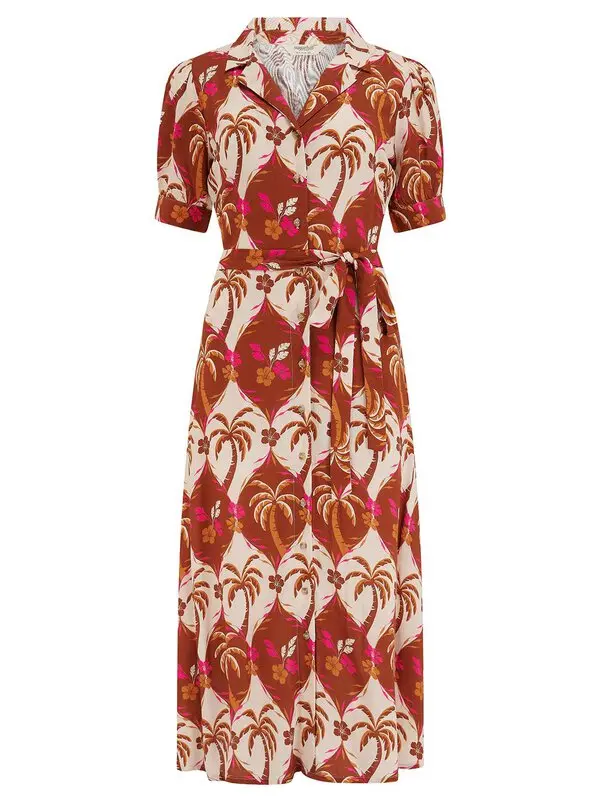 SUGARHILL BRIGHTON Penelope Midi Shirt Dress S, Palm Waves Tile - Brown