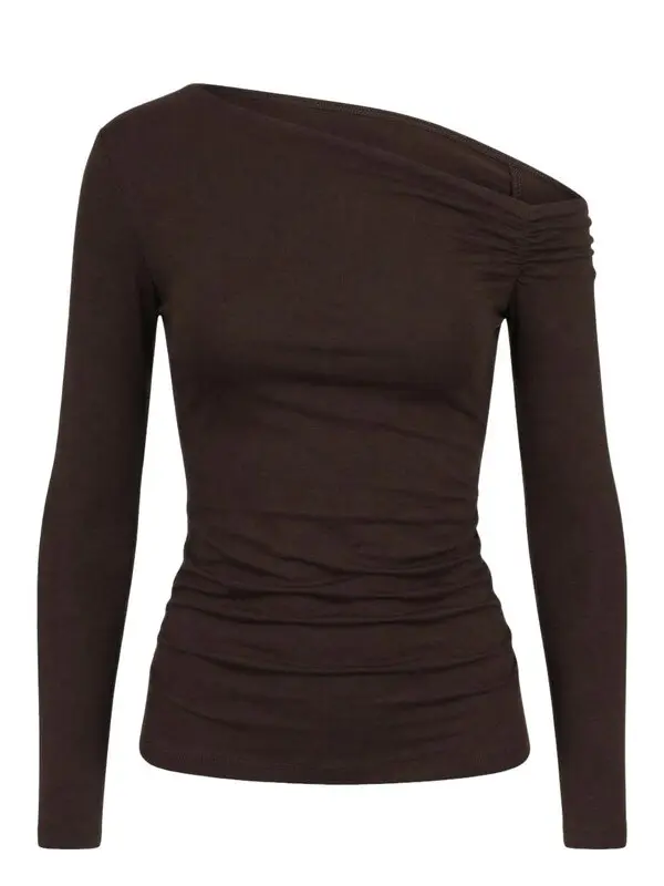 MONLICIA Asymmetric Off-shoulder Long Sleeve Stretch Lune Top - Brown