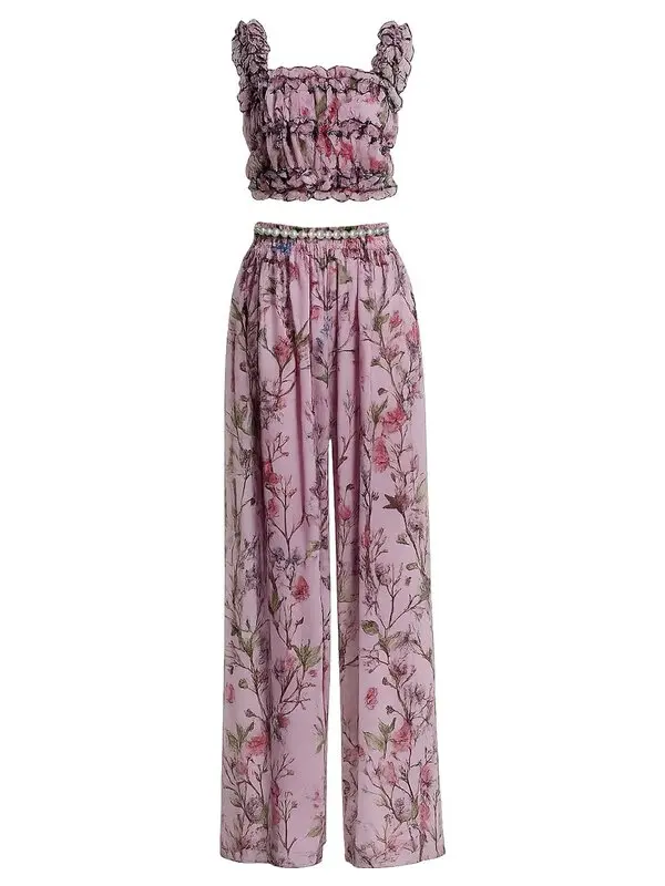 NUR KARAATA Floral Ruffle Detail Wide Leg Set - Pink