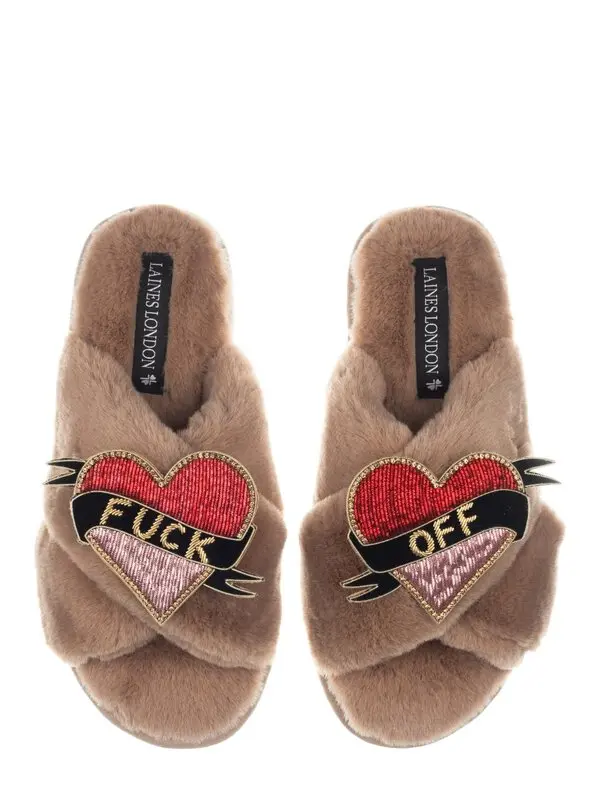 LAINES LONDON Classic Laines Slippers With Fuck Off Brooches Toffee - Brown