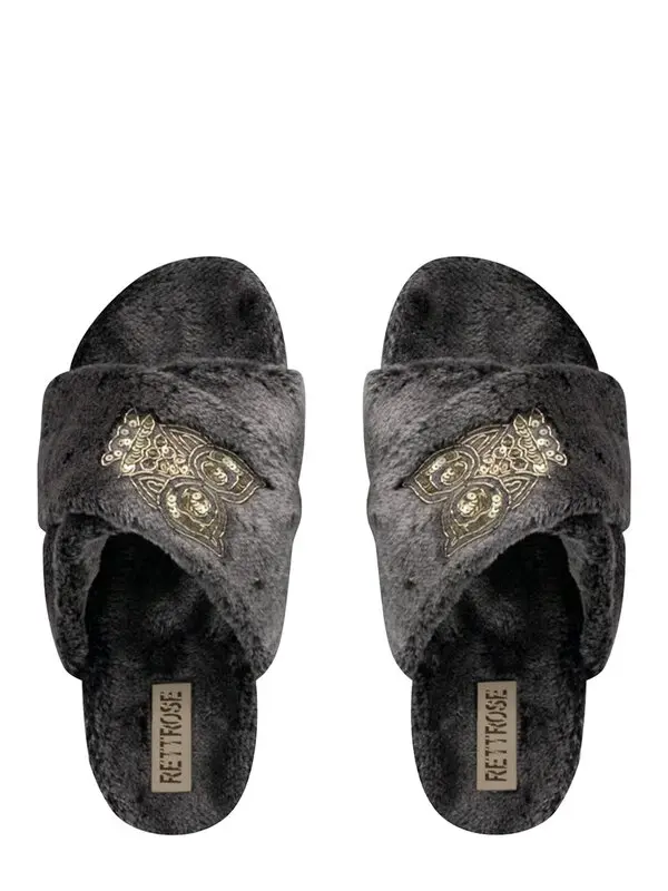 RETTROSE Georgia Charcoal Luxury Plush Diamanté Embellished Handmade Slipper - Grey