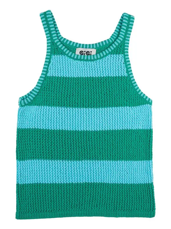 GIGI KNITWEAR Mesh Cotton Tank Top In Turquoise & Stripe - Green