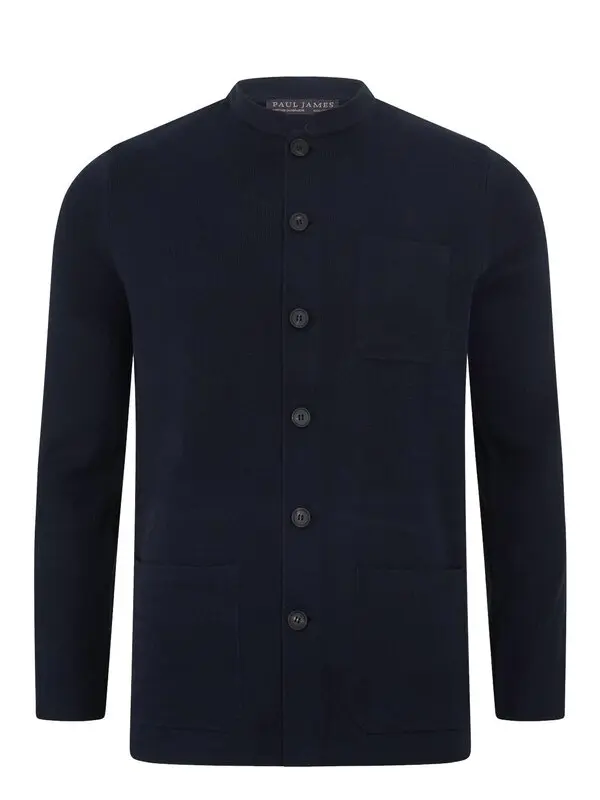 PAUL JAMES KNITWEAR Midweight Cotton Jaipurr Knitted Nehru Jacket Navy - Blue