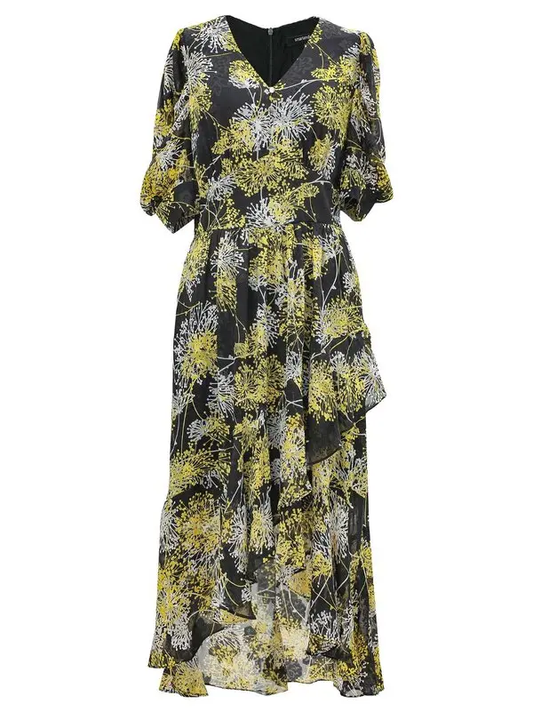 SMART AND JOY Linear Flower Print Plunging Hem Dress - Black