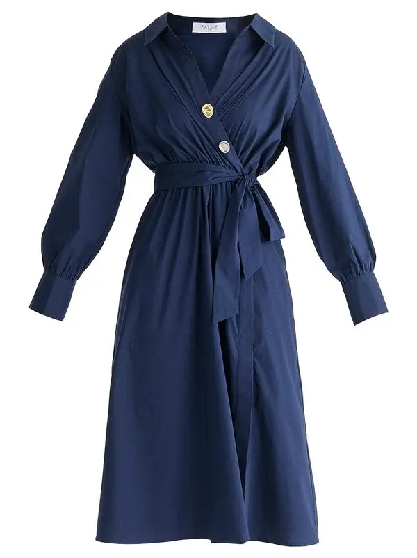 PAISIE Wrap Midi Shirt Dress With Metallic Button Details In Navy - Blue