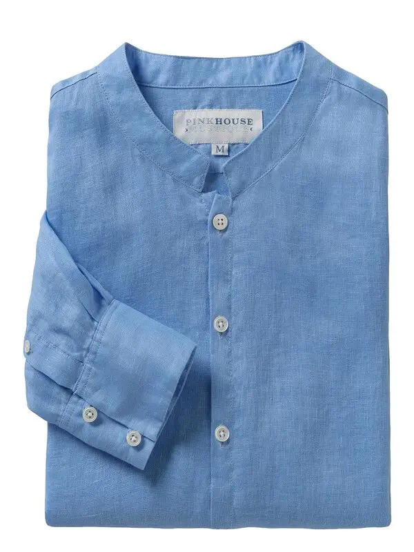PINK HOUSE Linen Collarless Shirt Plain French - Blue