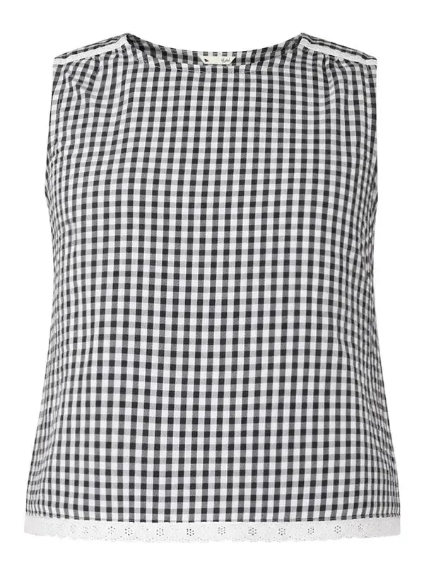 YUMI Gingham Cotton Top With Lace Trims - Black