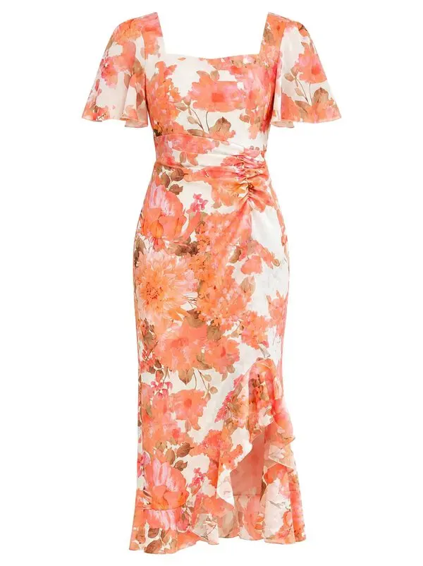 GIRL IN MIND Heidi Floral Print Ruched Midi Dress - White