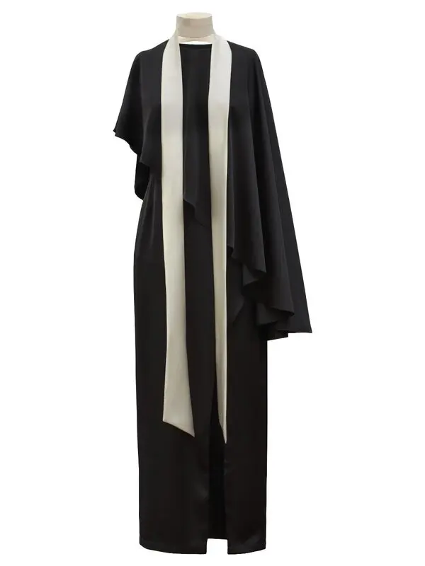 JULIA ALLERT Structured Satin Cape Dress With Contrast Scarf - Black