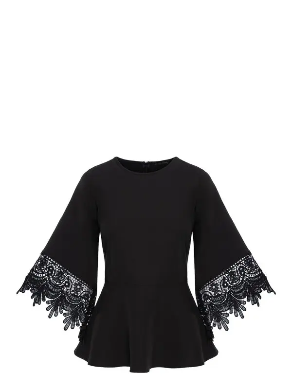 CONCEPT A TROIS Top With Flared Sleeves And Lace Details - Black