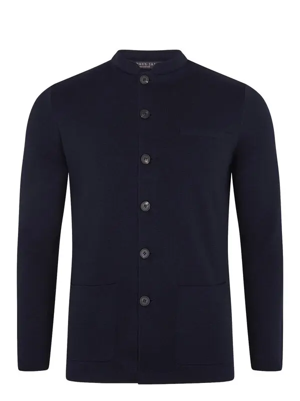 PAUL JAMES KNITWEAR Extra Fine Merino Wool Alonzoo Knitted Nehru Jacket Navy - Blue