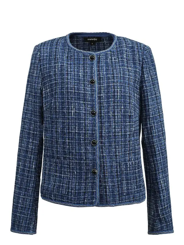 SMART AND JOY Tweed Round Neck Jacket - Blue