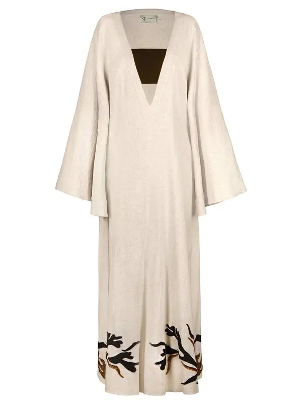 ALINA CERNATESCU Neutrals Sahara Maxi Oversized Embroidered Linen Holiday Resort Dress - Black