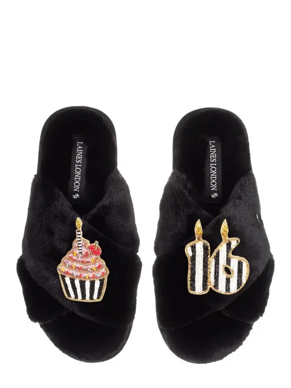 LAINES LONDON Classic Laines Slippers With Stripe 16th Birthday & Cake Brooches - Black