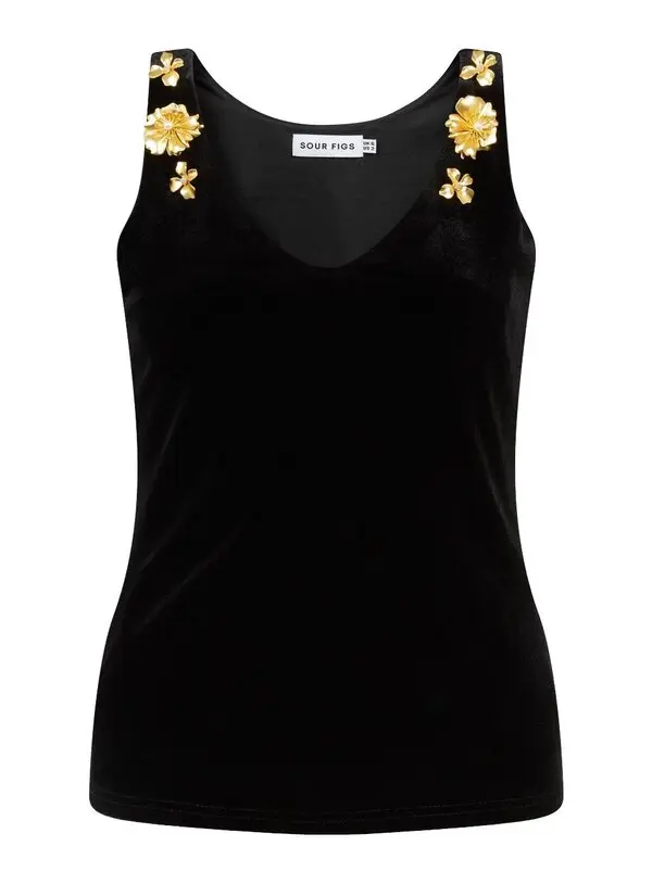 SOUR FIGS Floral Embellished Velvet Top - Black