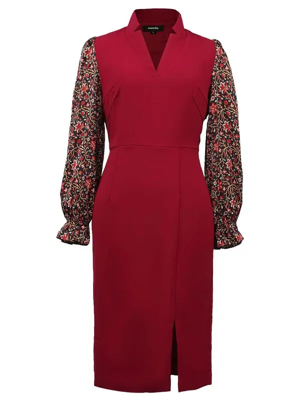 SMART AND JOY Chiffon Sleeves V-neck Tailor Dress Burgendy - Red