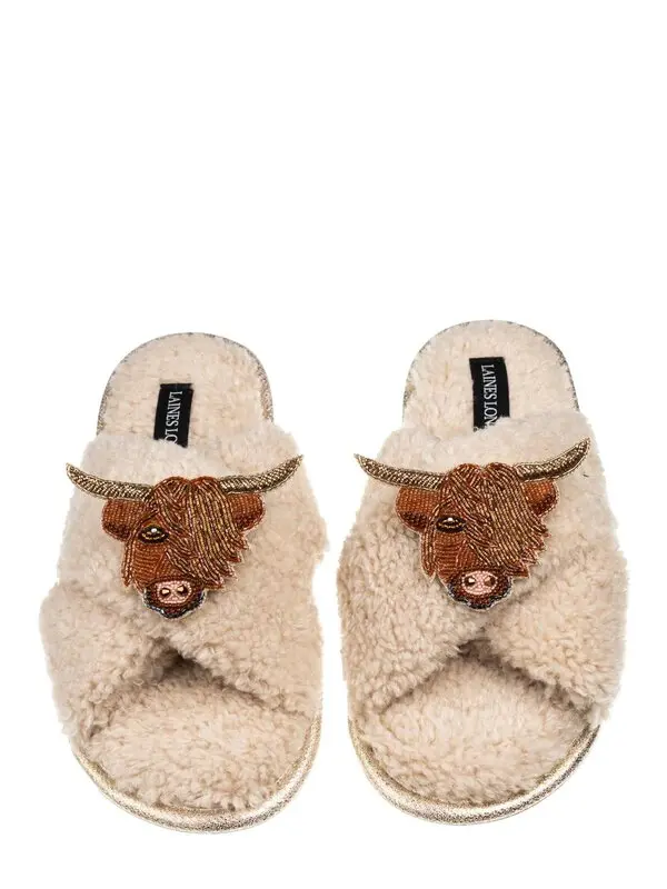 LAINES LONDON Neutrals Laines Neutral Boucle Slippers With Highland Cow Brooches Oatmeal - Brown