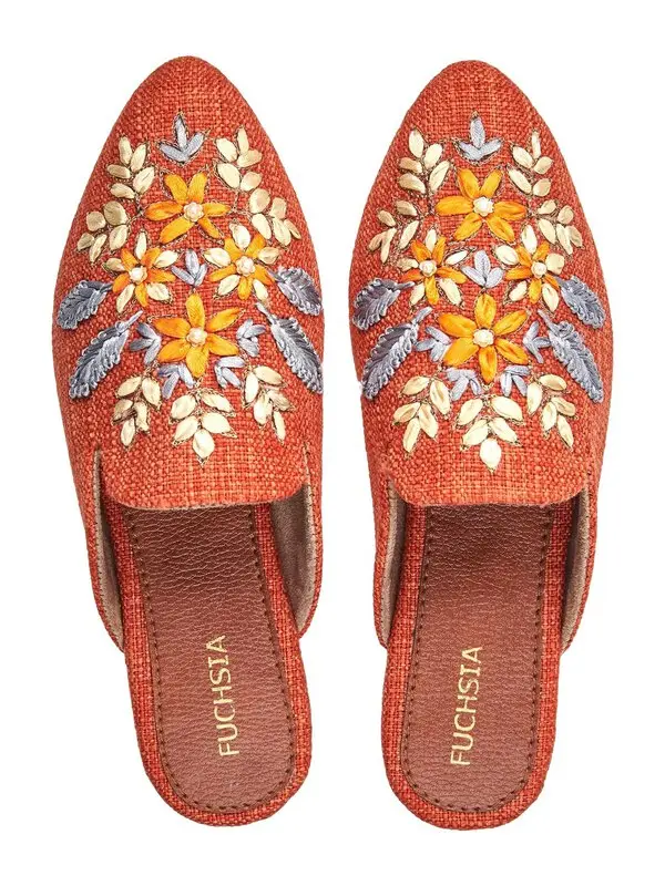 FUCHSIA SHOES Blossom Bliss Handmade Embroidered Canvas Mules By - Orange