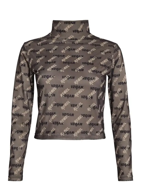 SARAH REGENSBURGER Vegan Rebel Print High Neck Cropped Long Sleeve Top - Black